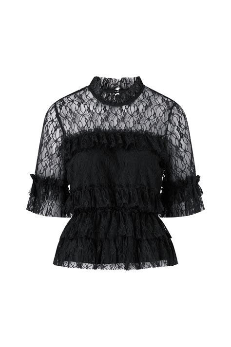 Bubbleroom Blus Frill Lace Blouse Svart Blusar