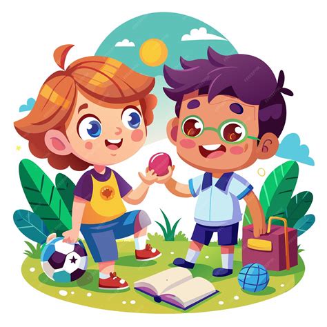Dos Niños De Dibujos Animados Felices Jugando Afuera En Un Día Soleado