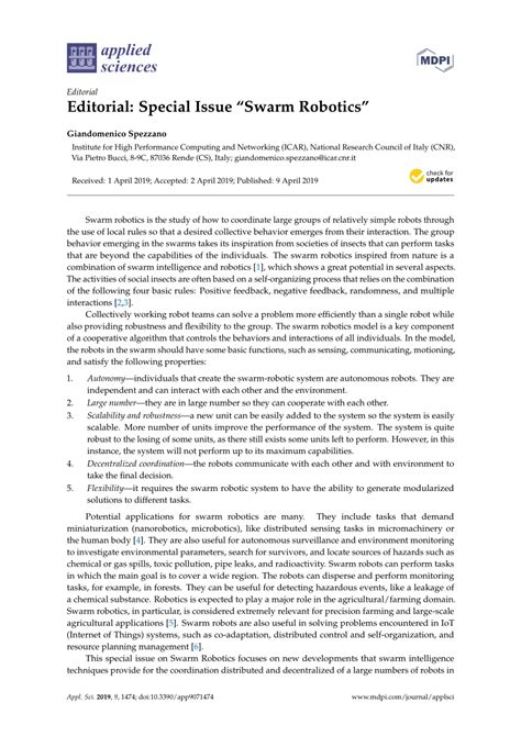 Pdf Editorial Special Issue “swarm Robotics”