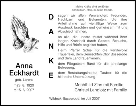 Traueranzeigen Von Anna Eckhardt Trauer Hna De