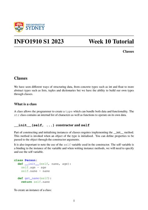 Week 10 Python Classes Info1910 S1 2023 Week 10 Tutorial Classes