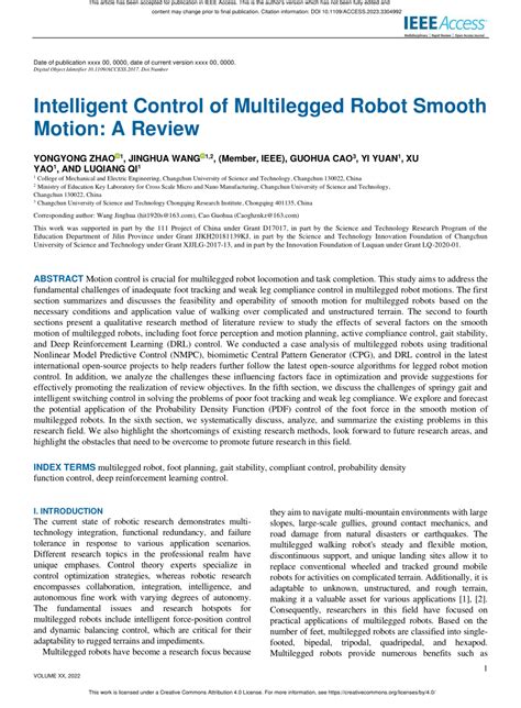 Pdf Intelligent Control Of Multilegged Robot Smooth Motion A Review