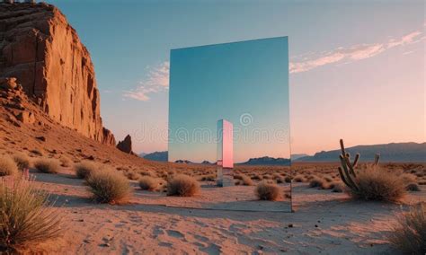 A Mirror Is Reflected In A Desert Landscape With A Rock In The