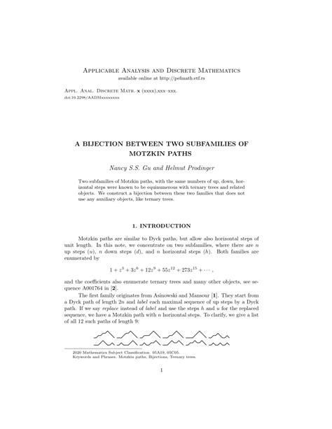 pdf a bijection between two subfamilies of motzkin paths