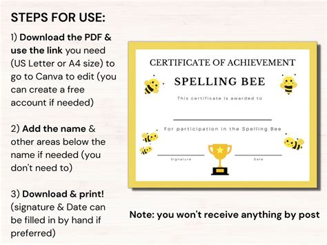 Editable Spelling Bee Certificate Printable Spelling Bee Certificate