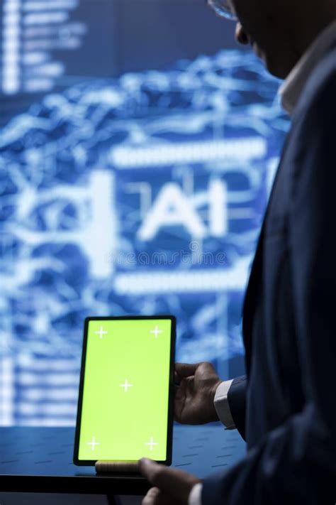 Technician In Startup Doing Advancements In Ai Field Using Chroma Key Tablet Stock Image Image