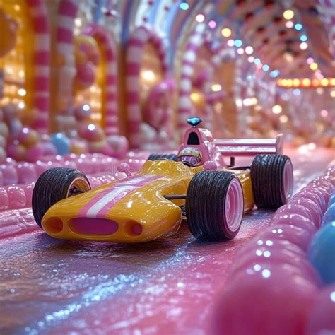 A Whimsical Image Of A Colorful Striped Racing Car On A Candy Like Race Track Surrounded By
