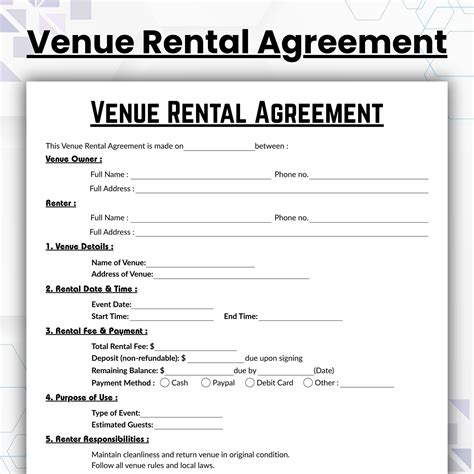 Editable Venue Rental Agreement Template Single Page Wedding Venue