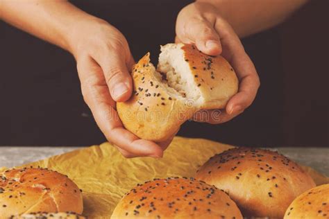 Bread In Hands Of Woman Baker`s Hand Breaking Freshly Baked Sesame Bun Stock Image Image Of