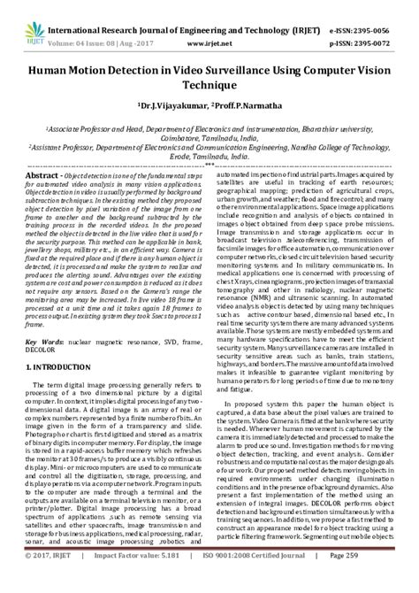 Pdf Human Motion Detection In Video Surveillance Using Computer Vision Technique Irjet