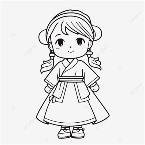 Chinese Girl In Traditional Clothing Coloring Page Vector Basic Simple