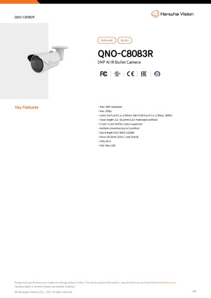 Cctv Camera 5mp Ir Ai Bullet Qno C8083r Data Sheet Hanwha Vision
