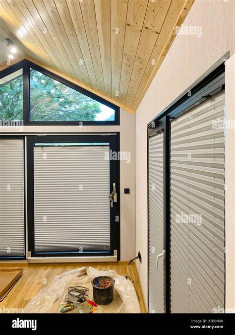 Modern Interior In Construction Mobile Home Inside Small Hut Warm Room With Wooden Walls