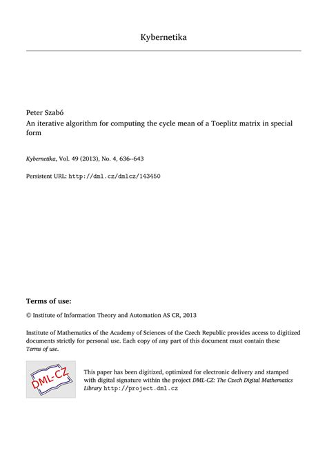 Pdf An Iterative Algorithm For Computing The Cycle Mean Of A Toeplitz Matrix In Special Form