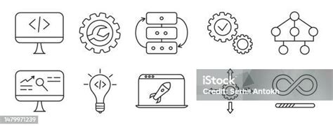 데브옵스 라인 아이콘을 설정합니다 소프트웨어 개발 및 It 운영 데브옵스에 대한 스톡 벡터 아트 및 기타 이미지 데브옵스 아이콘 감시 Istock