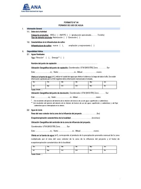 Formato N°04 Permiso De Uso De Agua Pdf Agua Ingeniería Ambiental