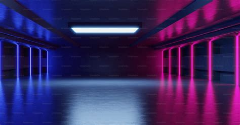 추상적인 파란색과 분홍색 네온 불빛 모양은 콘크리트 배경 3d 렌더링으로 제품을 배치하기 위해 검은색 배경에 있습니다 사진 Unsplash의 터널 이미지