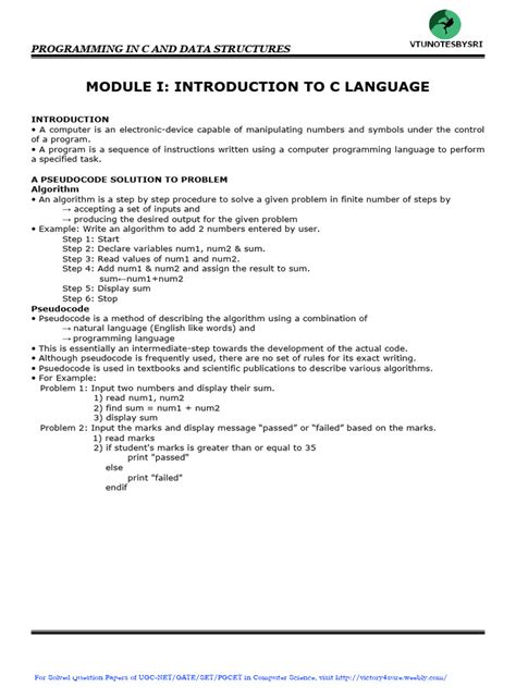 C Programming 22esc145 Module 1 Notes Pdf Integer Computer
