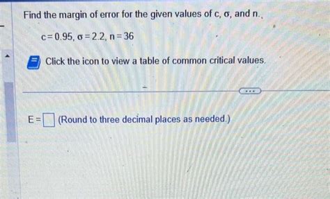 Solved Find the margin of error for the given values of c σ Chegg