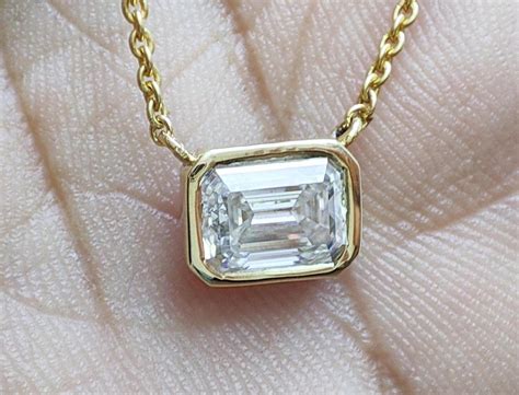 Emerald Moissanite Pendant 14k Gold Bezel Set Solitaire Lab Diamond