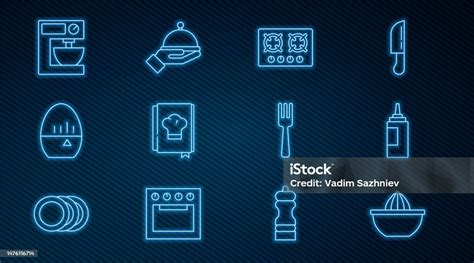 세트 라인 감귤류 과일 과즙 짜는기구 소스 병 가스 렌지 요리 책 주방 타이머 전기 믹서 포크 및 트레이 아이콘으로 덮여