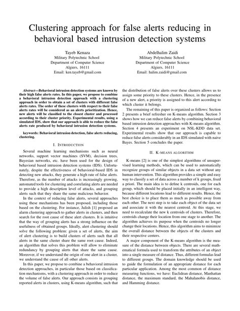 Pdf Clustering Approach For False Alerts Reducing In Behavioral Based