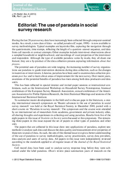 Pdf Editorial The Use Of Paradata In Social Survey Research Frauke Kreuter