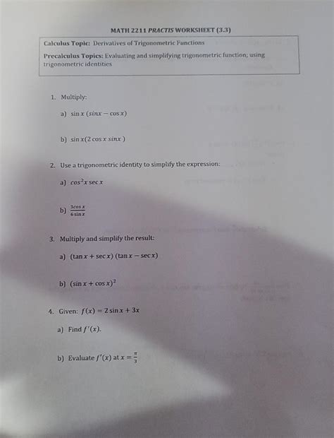 Solved Math 2211 Practis Worksheet 3 3 Calculus Topic