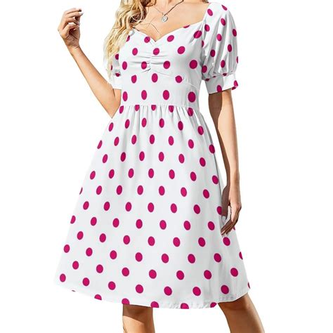 Medium Dark Hot Pink Polka Dots On White Sleeveless Womans Eving Dress