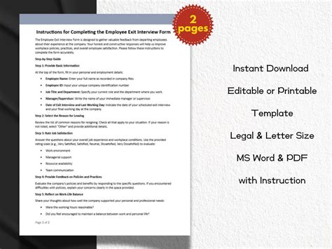 Employee Exit Interview Form Editable And Printable Template HR Professionals Form Human
