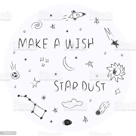 낙서 코스모스 삽화는 원형 디자인 클립 아트에 유치한 스타일로 설정되어 있습니다 글자가 있는 손으로 그린 추상 공간 요소 흑백 별에 대한 스톡 벡터 아트 및 기타 이미지