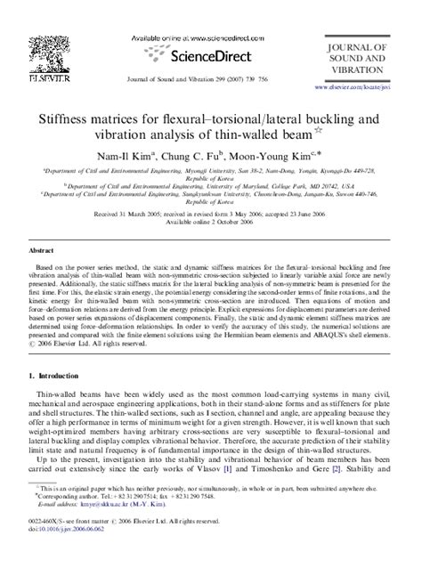 Pdf Stiffness Matrices For Flexuraltorsionallateral Buckling And
