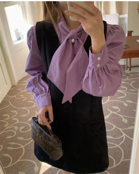 퍼플앤블랙set 타이 퍼프 블라우스 나시 미니원피스 투피스세트 Set 하객룩 결혼식 웨딩 브라이덜샤워 데이트 커플 러블리 면접 증명 사진 촬영 스튜디오 벨라인 머메이드