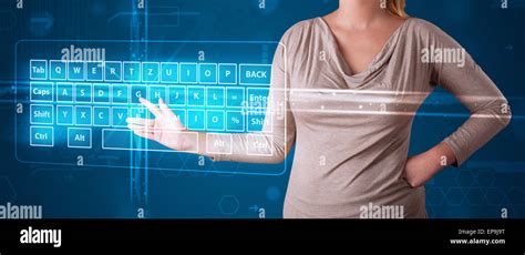 Girl Pressing Virtual Type Of Keyboard Stock Photo Alamy