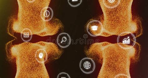 Animation Of Data And Media Icons Processing Over Orange Network Waves On Black Background Stock