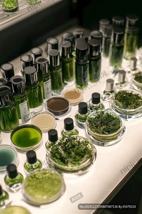Ai创作图调香小店 精油柜台 精油专柜 精油产品柜台 调香工作台 植物精油店 绿色小铺 精油创意展示 香水超市 甲油专柜 一排精油原液 精油