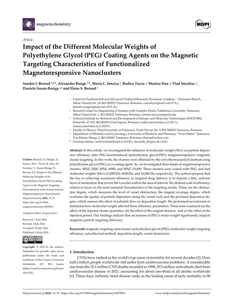 Pdf Impact Of The Different Molecular Weights Of Polyethylene Glycol Peg Coating Agents On