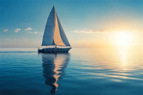 Sailboat Sailing Calm Sea At Sunset Reflecting On Water Surface Stock