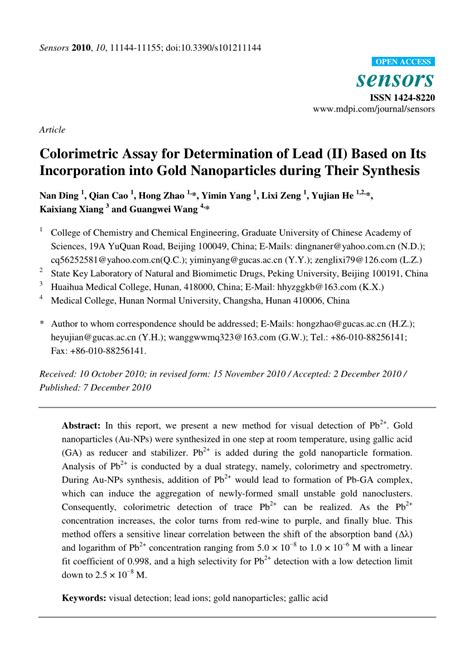 Pdf Colorimetric Assay For Determination Of Lead Ii Based On Its