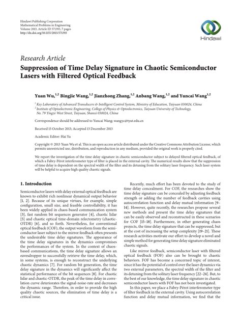 Pdf Suppression Of Time Delay Signature In Chaotic Semiconductor Lasers With Filtered Optical