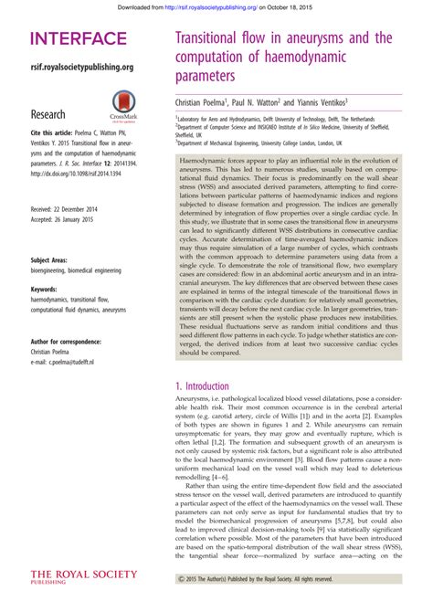 pdf transitional flow in aneurysms and the computation of