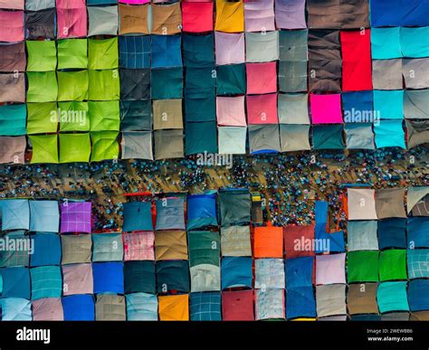 Aerial View Of Local Market Colourful Tents At Minar Moshjid Tabling For The Global Muslims