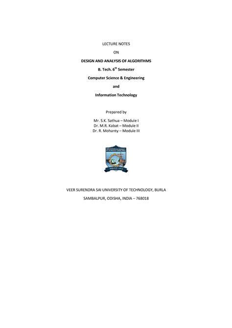 Lecture 1428551222 Algorithm Lecture Notes On Design And Analysis Of Algorithms B Tech 6th