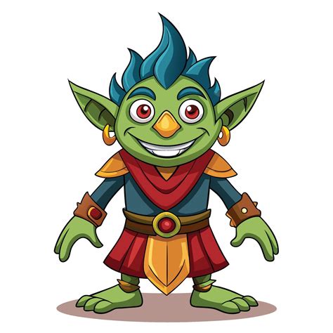 Cheerful Green Goblin Cartoon Character With Teal Hair Red And Gold