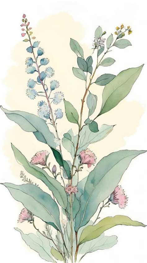 Watercolor Illustration Of Wildflowers And Eucalyptus Branches Stock
