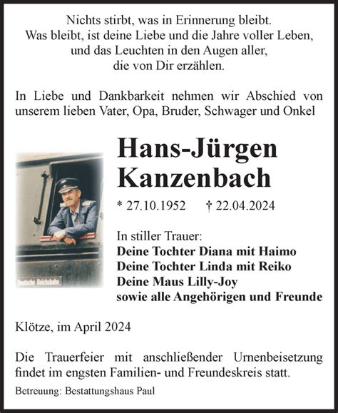 Traueranzeigen Von Hans Jürgen Kanzenbach Abschied Nehmende
