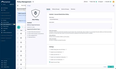 create an android account restrictions policy jumpcloud