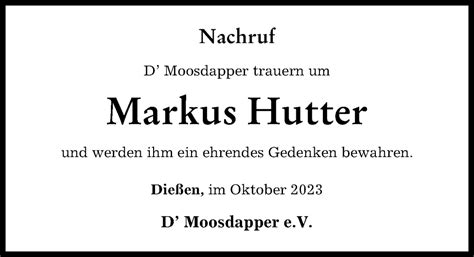 Traueranzeigen Von Markus Hutter Augsburger Allgemeine Zeitung