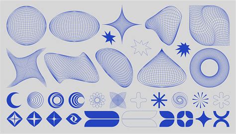추상적인 브루탈리즘 요소 와이어프레임 3d 기하학적 메쉬 모양 및 그리드 변형의 집합입니다 사이버펑크와 레트로 퓨처리즘 형태