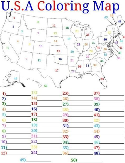Printable Map Of Usa Coloring And Learning Worksheet Etsy